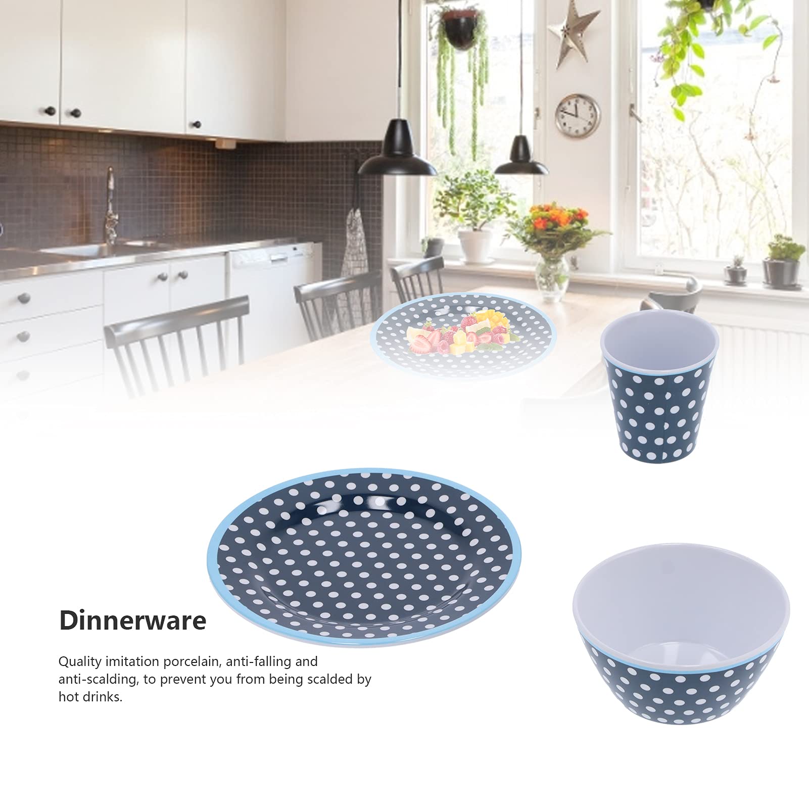 Topyond Premium Dark Blue Dot Dinnerware Set for Home and Restaurant,Service for 4(12Pcs),Includes Cups, Salad Bowls, and Plates - Elegant and Durable