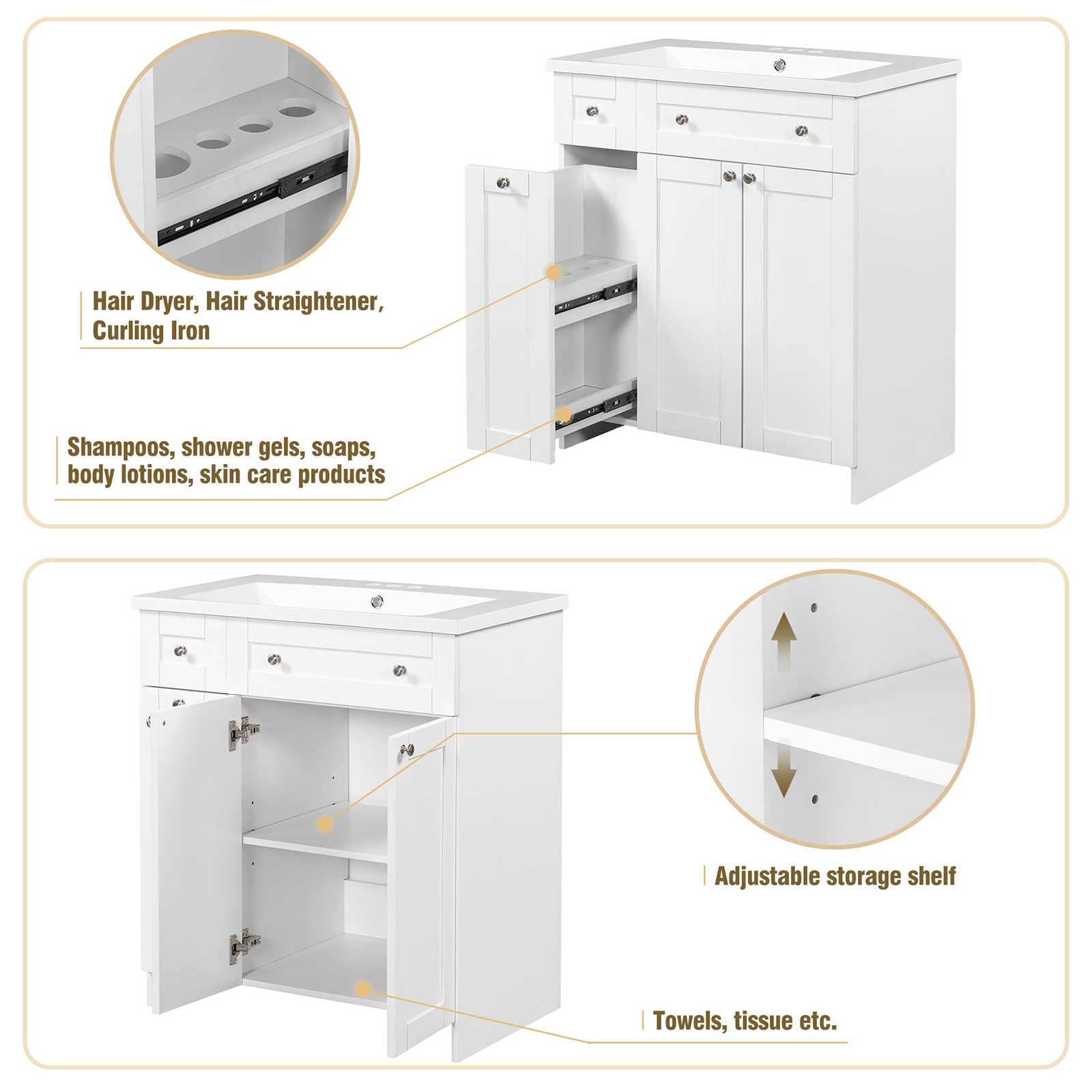 Appot AT-SV000002AAK Bathroom Vanity with Sink, 30 inch Single Bath Room Storage Cabinet and CeramicSink Combo, Solid Wood Frame, 2 Doors BathroomStorage CabinetSet Escorted by Pull-Out Drawers, White