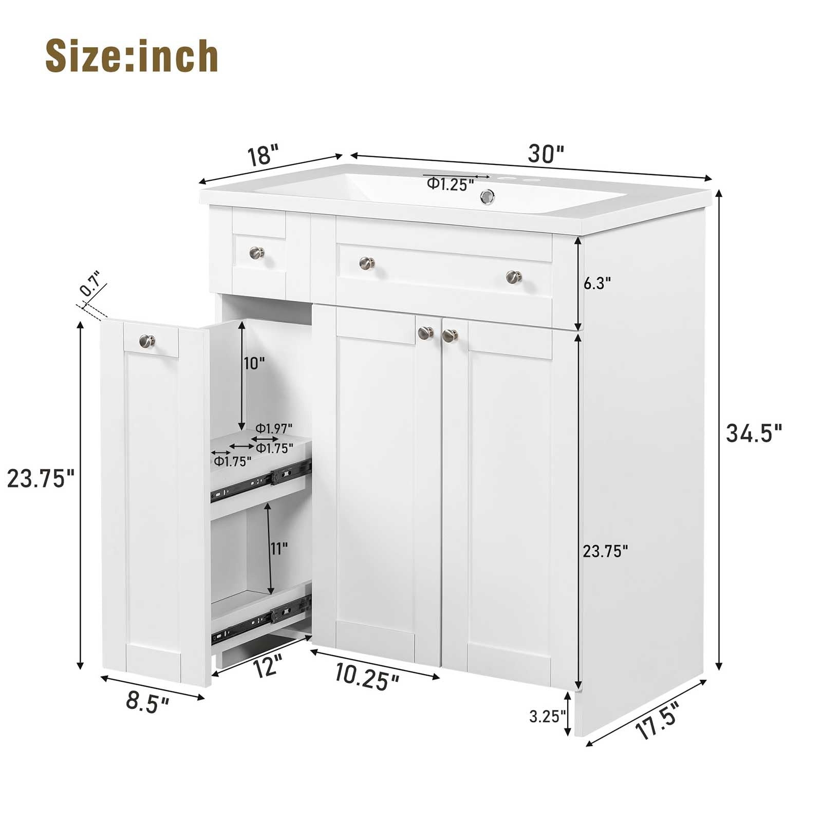 Appot AT-SV000002AAK Bathroom Vanity with Sink, 30 inch Single Bath Room Storage Cabinet and CeramicSink Combo, Solid Wood Frame, 2 Doors BathroomStorage CabinetSet Escorted by Pull-Out Drawers, White