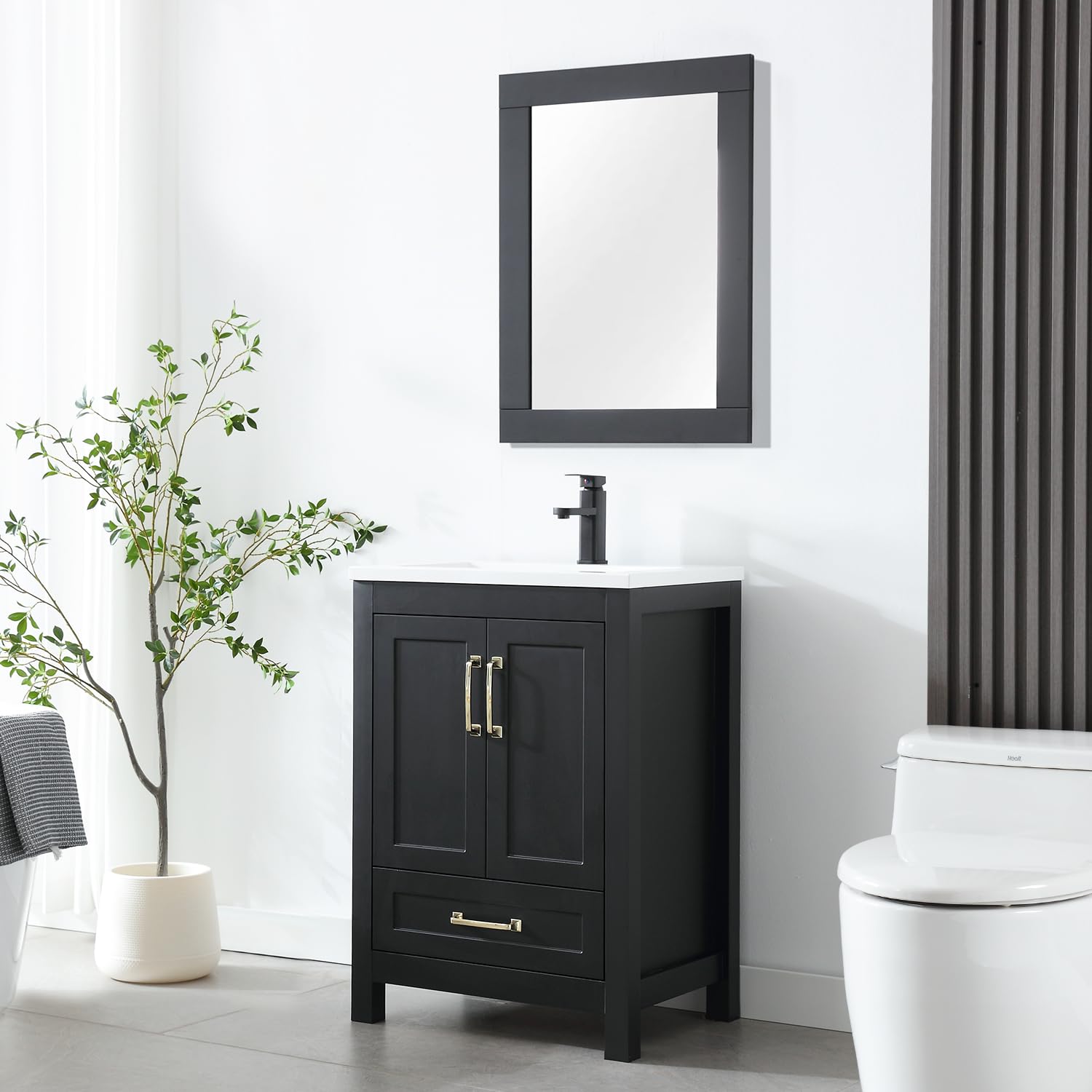 LUCKWIND 24” Bathroom Vanity with Sink, Modern Painted Bathroom Storage Cabinet with Ceramic Basin Sink Top, Faucet and Drawers Without Mirror, Black