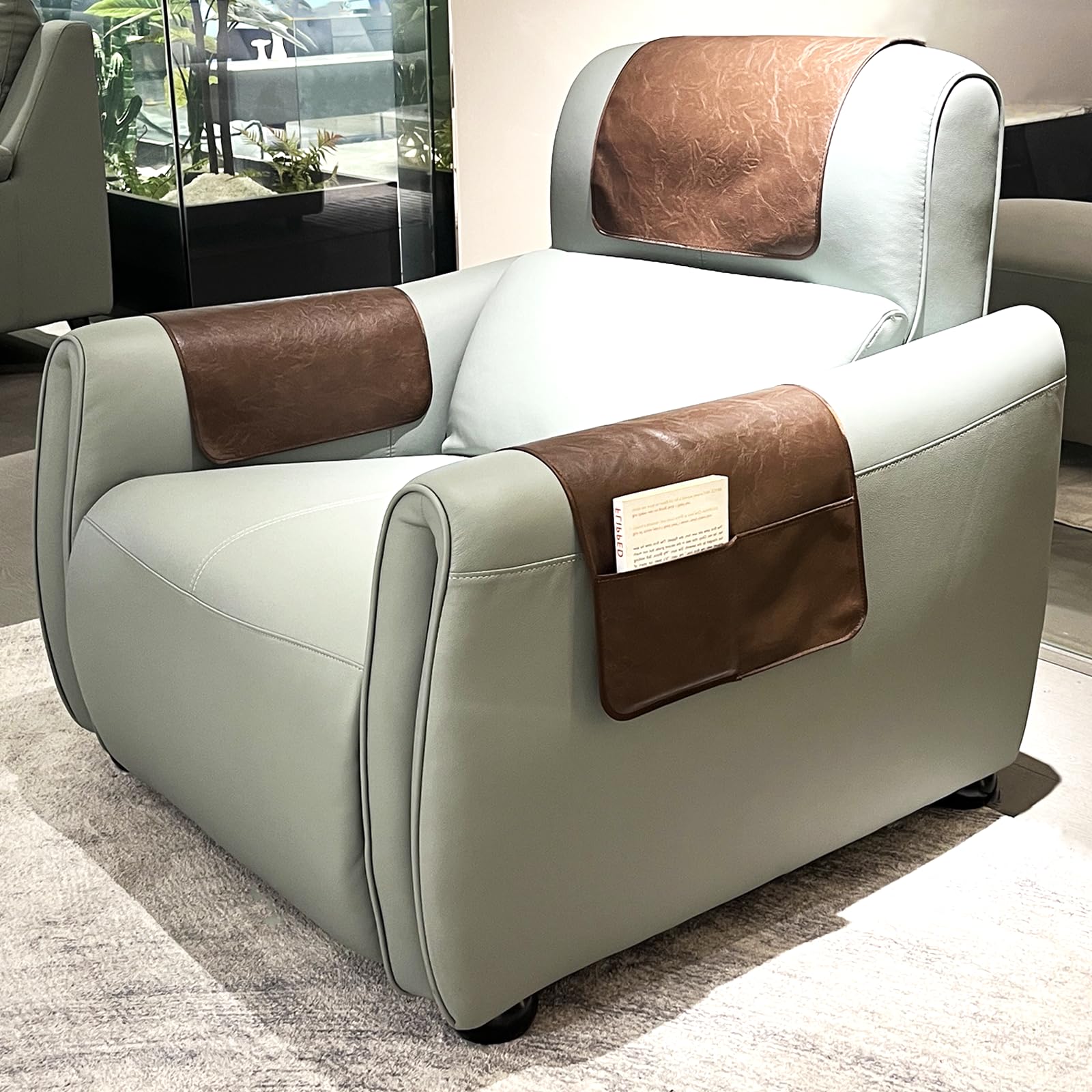 Fippkargo 3 Pcs Headrest Cover for Recline Chair, Faux Leather Recliner Headrest Protector,Recliner Couch Cover with Side Pockets, Sofa Recliner Headrest Arm Cover, Home, Office & Theater Seat(Brown)