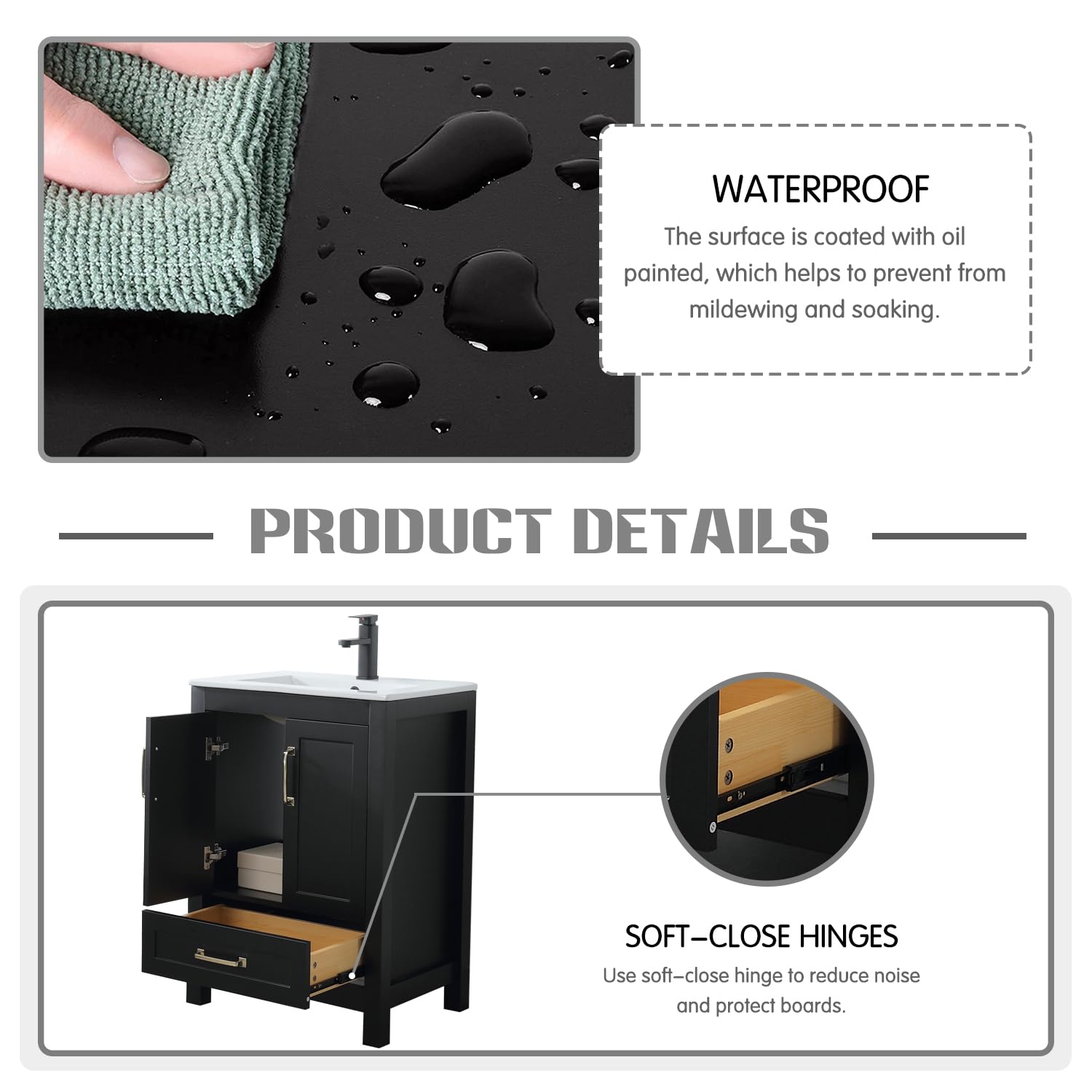 LUCKWIND 24” Bathroom Vanity with Sink, Modern Painted Bathroom Storage Cabinet with Ceramic Basin Sink Top, Faucet and Drawers Without Mirror, Black