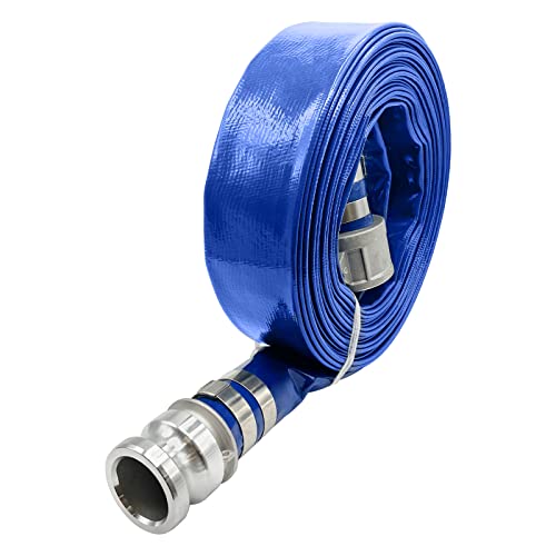 Poolzilla 1.5" x 100' Flat Industrial Blue PVC Backwash Hose with Aluminum Camlock with C & E Fittings, Heavy Duty Reinforced Pump Backwash Hose For Swimming Pools & Spas, 90 PSI Max Pressure
