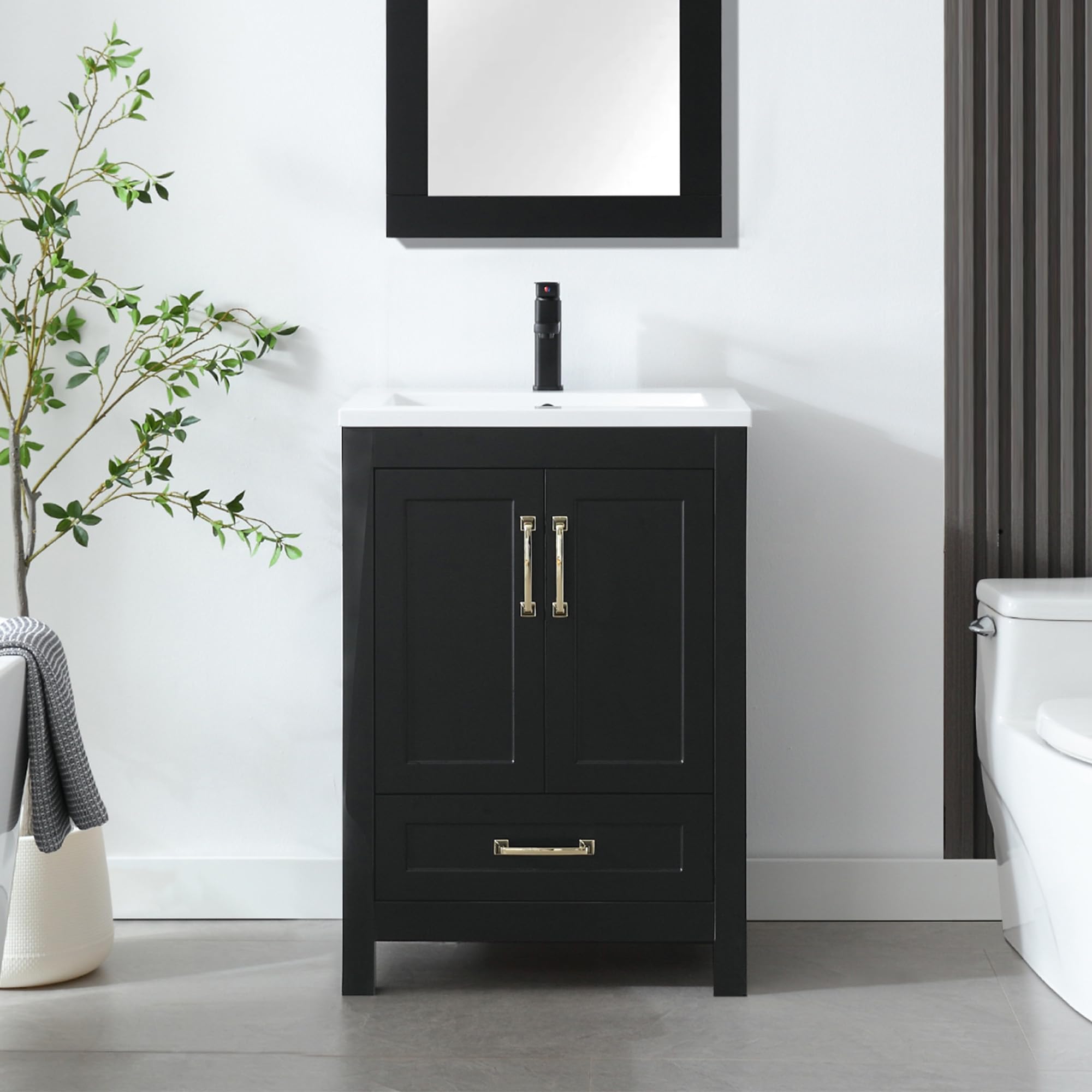LUCKWIND 24” Bathroom Vanity with Sink, Modern Painted Bathroom Storage Cabinet with Ceramic Basin Sink Top, Faucet and Drawers Without Mirror, Black