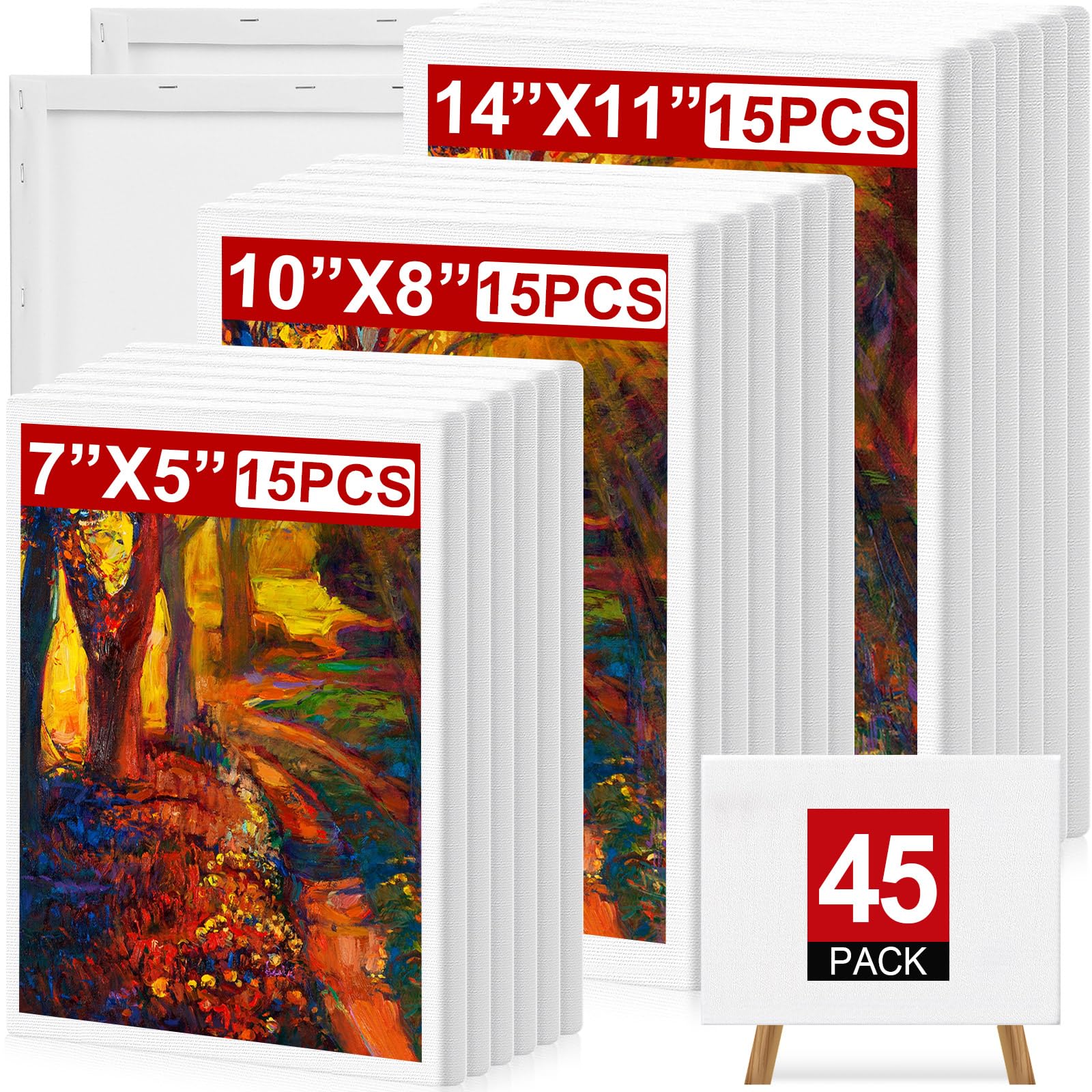 Fulmoon 45 Pcs Stretched Canvas Multi Pack for Painting, 5 x 7", 8 x 10", 11 x 14" (15 of Each), Cotton White Blank Canvas Boards for Kids Art Supplies Panels for Oil Acrylic Watercolor Paint