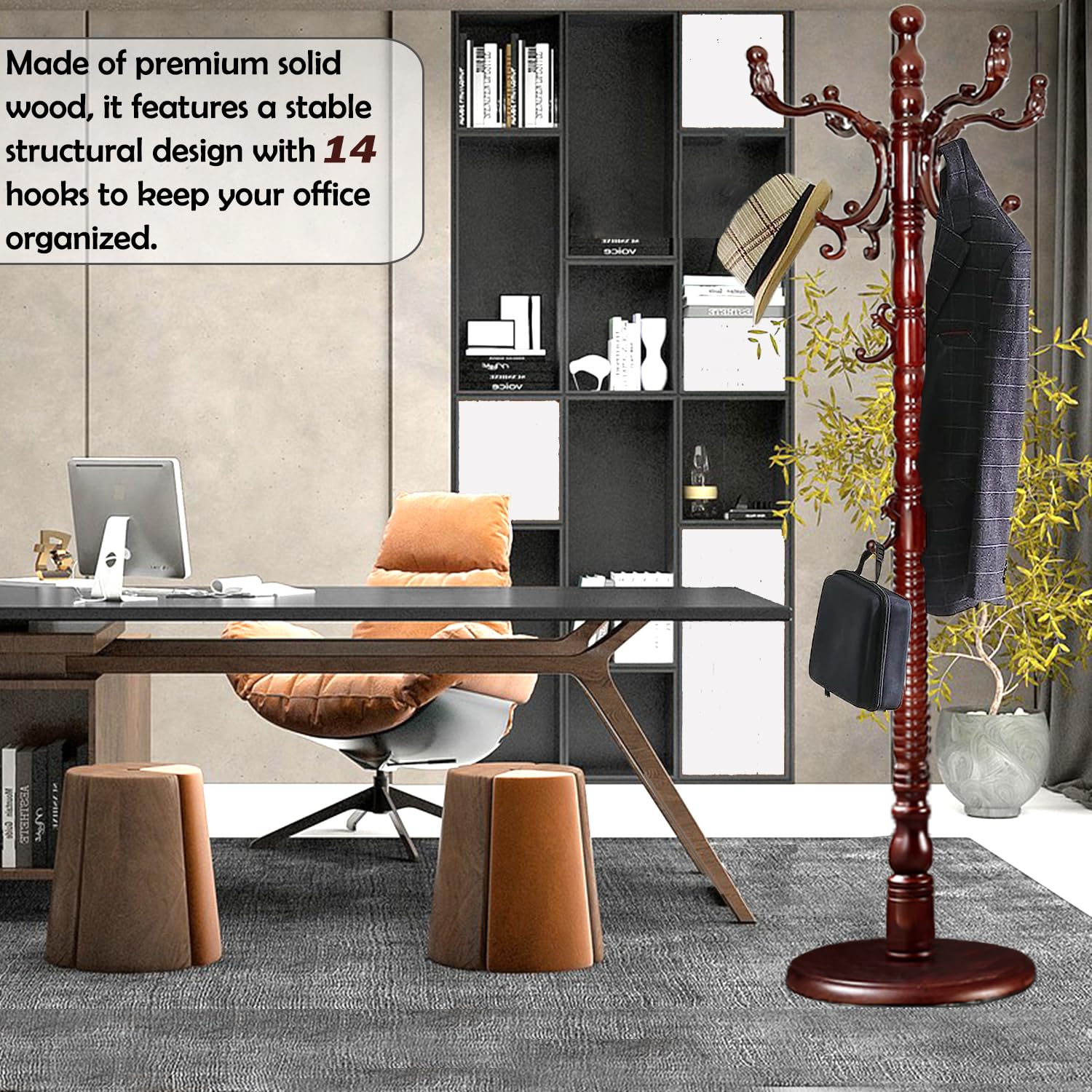 Sauqzoh Coat Racks Free Standing with 14 Hooks, Natural Wood Coat Stands for Entryway, Adjustable Height 73 in Tree Coat Rack Stand for Hallway Home Office Bedroom (Mahogany)