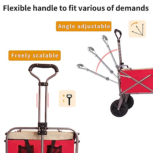 Folding Wagon Cart Beach Wagon Utility Wagon Cart Outdoor Heavy Duty Garden Portable Hand Cart with All-Terrain Wheels & Adjustable Handle (Red+White)