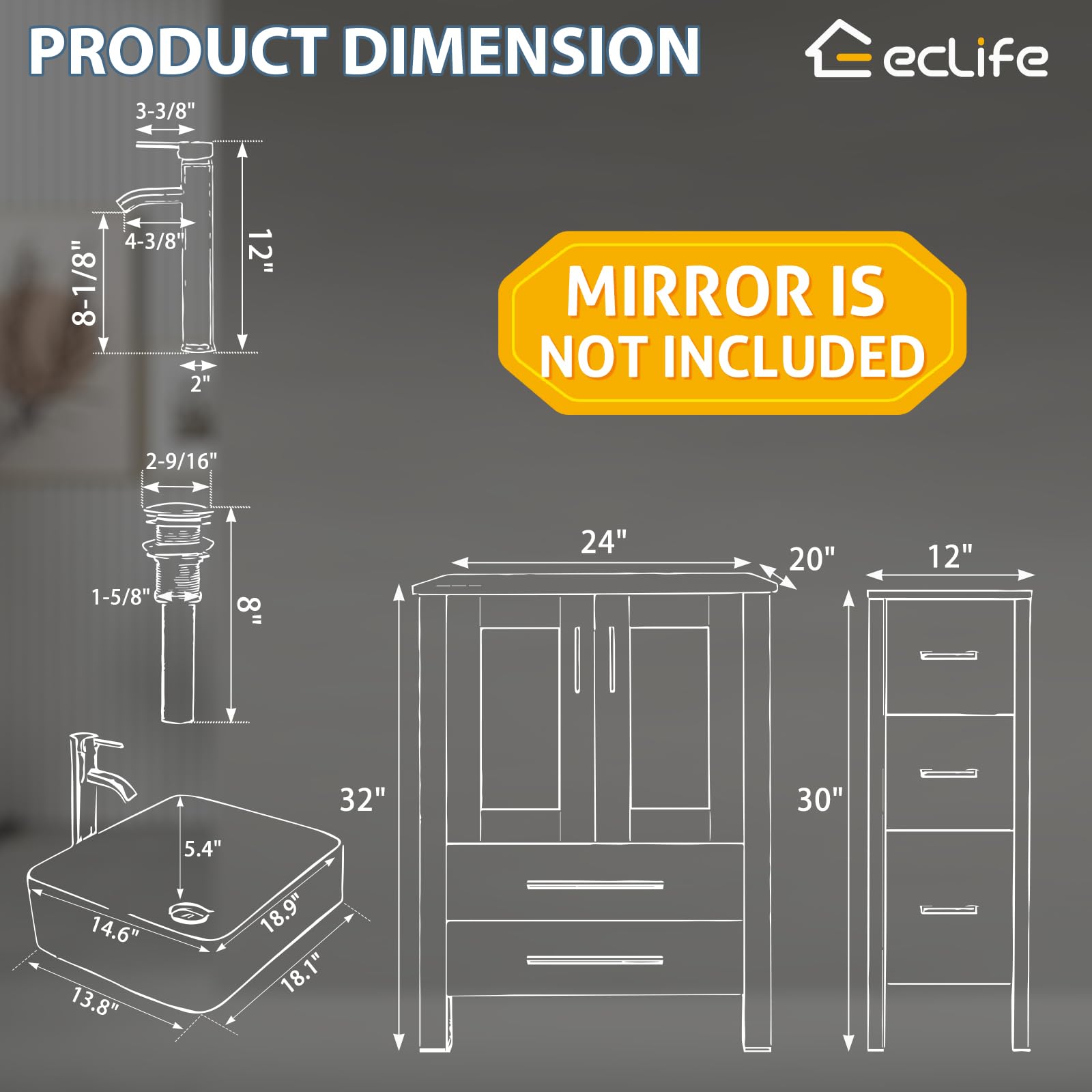 eclife 48" Modern Bathroom Vanity Sink Combo White W/Small Side Cabinets White Rectangle Ceramic Vessel Sink & Water Save Faucet & Pop Up Drain (T03)
