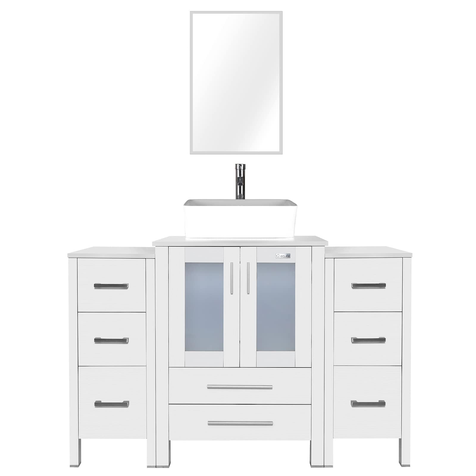eclife 48" Modern Bathroom Vanity Sink Combo White W/Small Side Cabinets White Rectangle Ceramic Vessel Sink & Water Save Faucet & Pop Up Drain (T03)