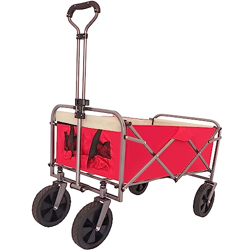 Folding Wagon Cart Beach Wagon Utility Wagon Cart Outdoor Heavy Duty Garden Portable Hand Cart with All-Terrain Wheels & Adjustable Handle (Red+White)
