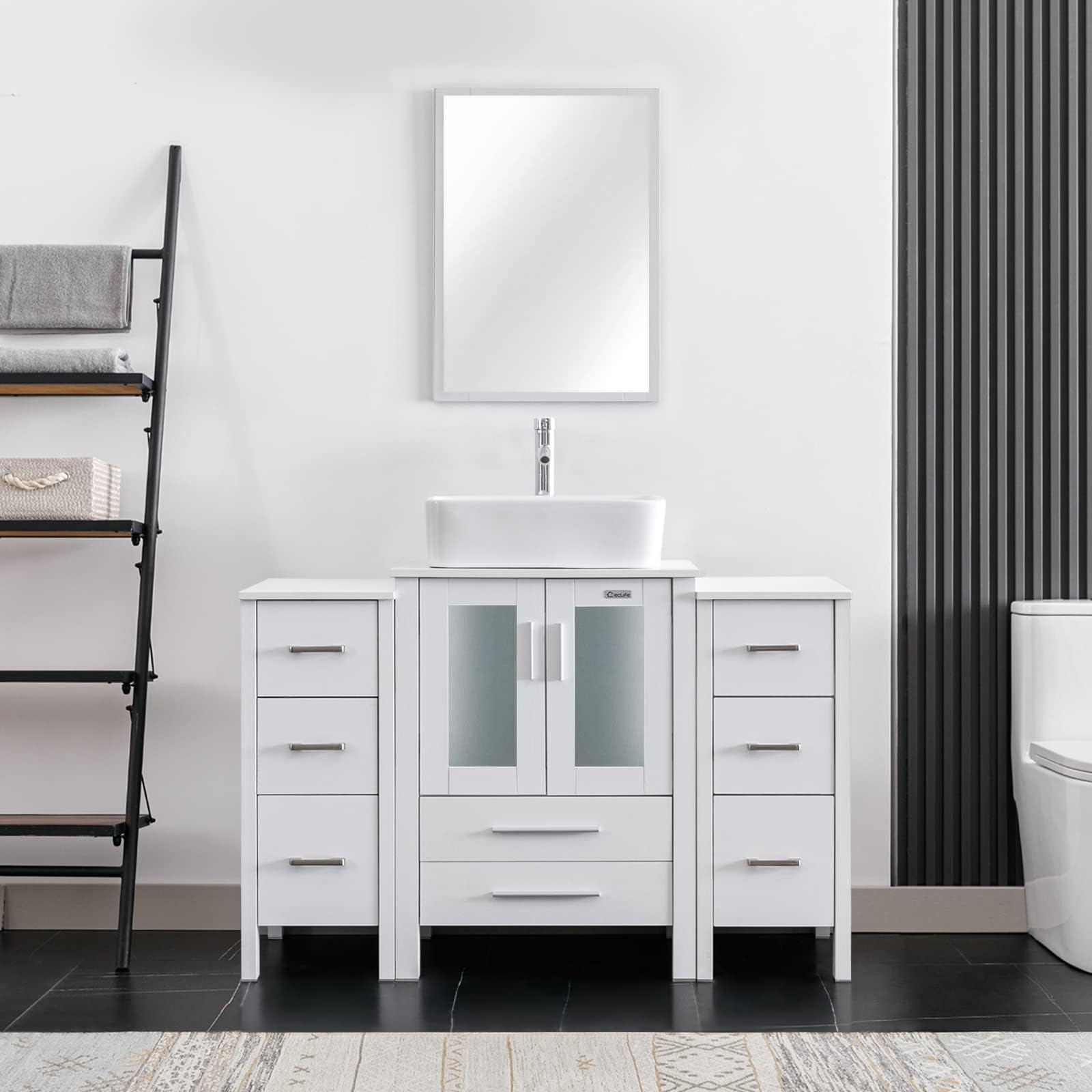 eclife 48" Modern Bathroom Vanity Sink Combo White W/Small Side Cabinets White Rectangle Ceramic Vessel Sink & Water Save Faucet & Pop Up Drain (T03)