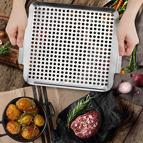 Grill Pan, Stainless Steel Grill Topper Heavy Duty BBQ Grill Wok with Handles Vegetables Grill Basket Outdoor Grill Accessories Cookware Grill Utensils for Barbecue Cooking