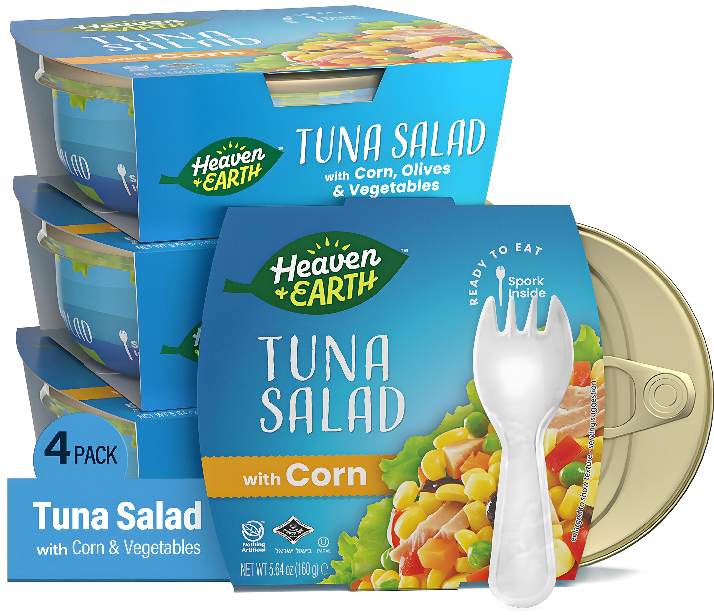Heaven & Earth Ready to Eat Tuna Salad with Corn & Vegetables, 5.64oz (4 Pack) | Great Source of Protein | Travel Friendly Meals | Spork Included