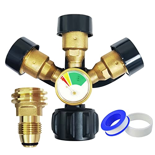 NQN Upgraded 3 Way Propane Splitter QCC/POL with Gauge and Shut-Off Valve, Propane Tank 3 Y Splitter Adapter, Propane LP Tank Fuel Tee Gauge Adapter Fitting 3 Way Propane Gas Splitter for Propane Tank