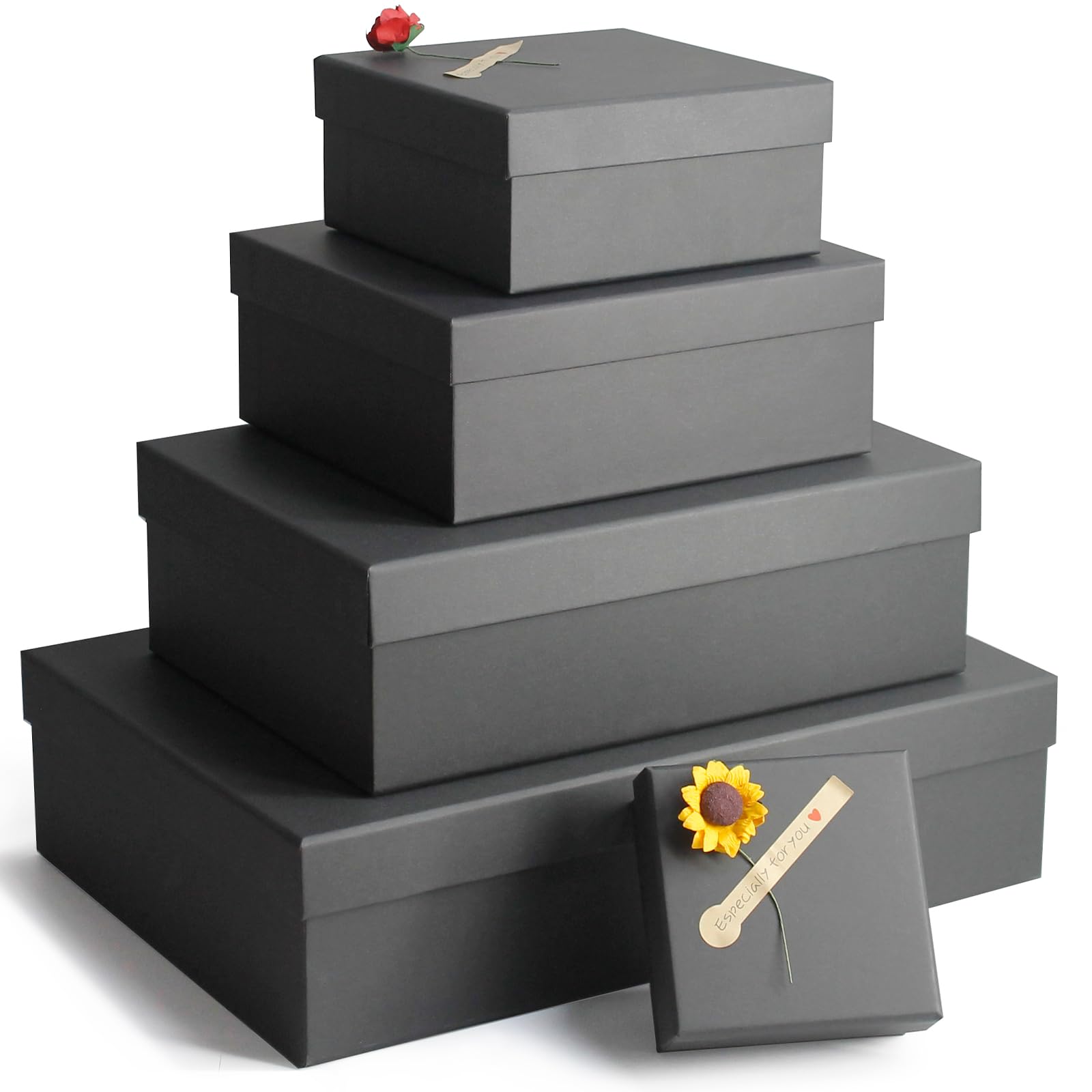 Giftilious Black Gift Boxes, a Set of 5 Gift Boxes with Lids for Presents, Pre-Wrapped Boxes for Gifts, Sturdy Present Box for Christmas, Birthdays, Anniversaries, Festivals or Special Celebration