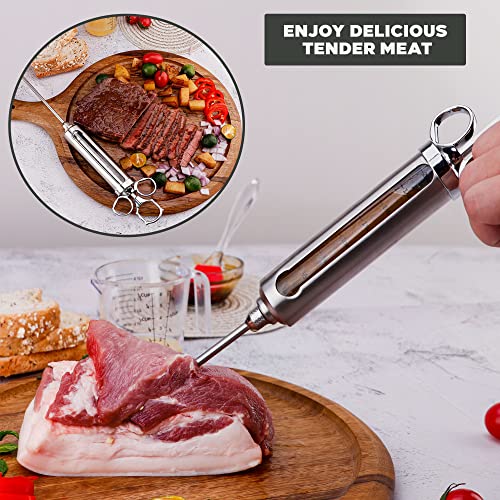 Grillin Pros Advanced Meat Injector Kit for Smoking & Grilling, Stainless Steel Large 2 Oz Syringe + Measuring Window for Cooking BBQ, Brisket, Turkey - Inject Marinade or Seasoning for Tender Flavor