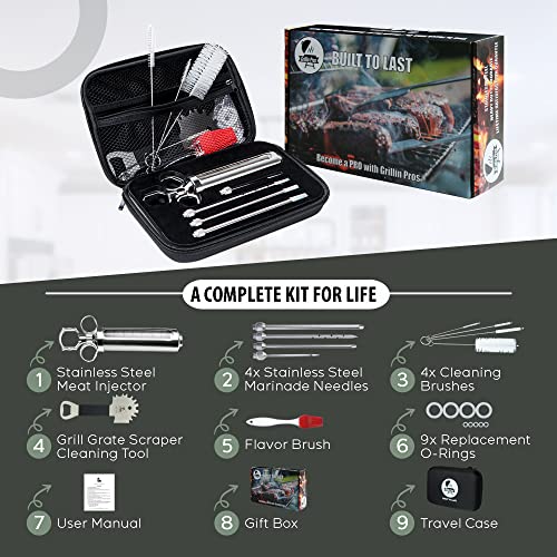 Grillin Pros Advanced Meat Injector Kit for Smoking & Grilling, Stainless Steel Large 2 Oz Syringe + Measuring Window for Cooking BBQ, Brisket, Turkey - Inject Marinade or Seasoning for Tender Flavor