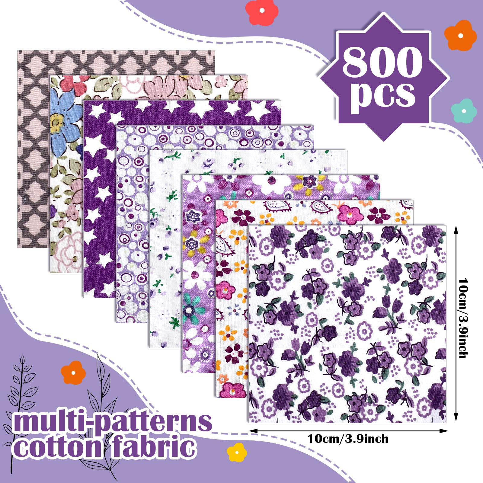 Ganeen 800Pcs 4 x 4 Inch Cotton Fabric Bundle Precut Fat Squares Patchwork Fabrics Cotton Printed Craft Fabric Fat Flower Fabric Quilting for DIY Craft Sewing Clothing Handmade Accessories (Exquisite)