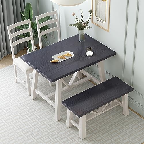 Merax Farmhouse Dining Table Set for 4, Solid Wood Frame with Upholstered Chairs and Bench, Twin, Grey