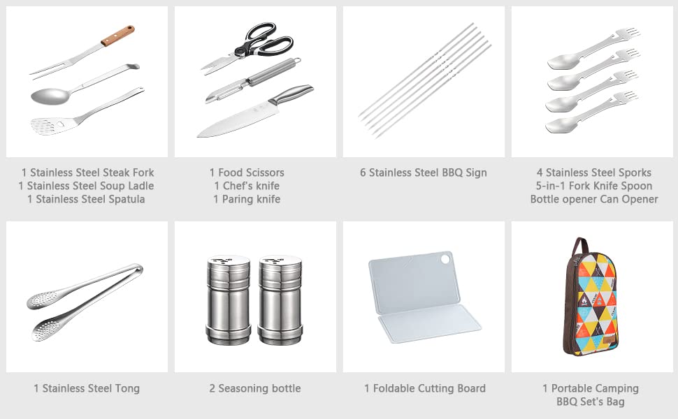 Portable Camping Kitchen Utensil Set, BBQ-21 PCS with Carrying Bag, Stainless Steel Outdoor Cooking and Grilling Utensil, Perfect for Travel, Picnics, RV, Camping