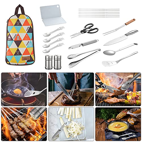 Portable Camping Kitchen Utensil Set, BBQ-21 PCS with Carrying Bag, Stainless Steel Outdoor Cooking and Grilling Utensil, Perfect for Travel, Picnics, RV, Camping