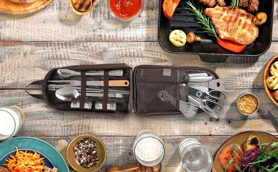 Portable Camping Kitchen Utensil Set, BBQ-21 PCS with Carrying Bag, Stainless Steel Outdoor Cooking and Grilling Utensil, Perfect for Travel, Picnics, RV, Camping
