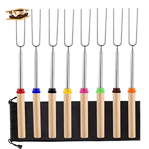 Suelasi Marshmallow Roasting Sticks 8 Pack Extendable 32 Inch Telescoping Marshmallow Skewers & Hot Dog Forks with Wooden Handle Storage Bag for Campfire BBQ Backyard Fire Pit