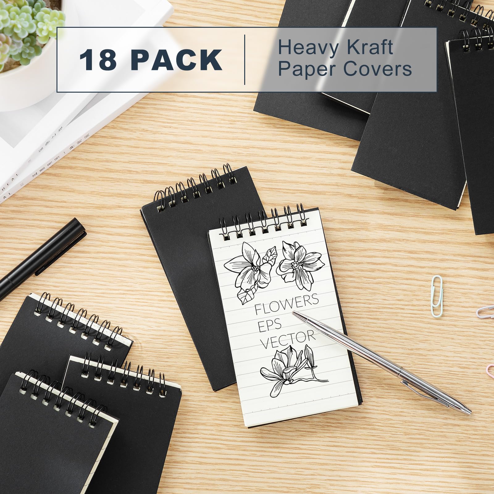 Tenceur 18 Pcs Mini Spiral Notebook 3" x 5" Top Bound Small Spiral Notepads Pocket Notebook Spiral Memo Pads 120 Pages Sketchbook College Ruled Journals for Kids Home Office School (Black)