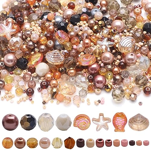 KINGSHINE 870pcs Craft Beads for Jewelry Making, Glass Beads for Bracelets Making Kit with Loose Spacer Beads, Including Fish/Shells/Starfish/Snails Beads, Gift for Her (Amber Color)