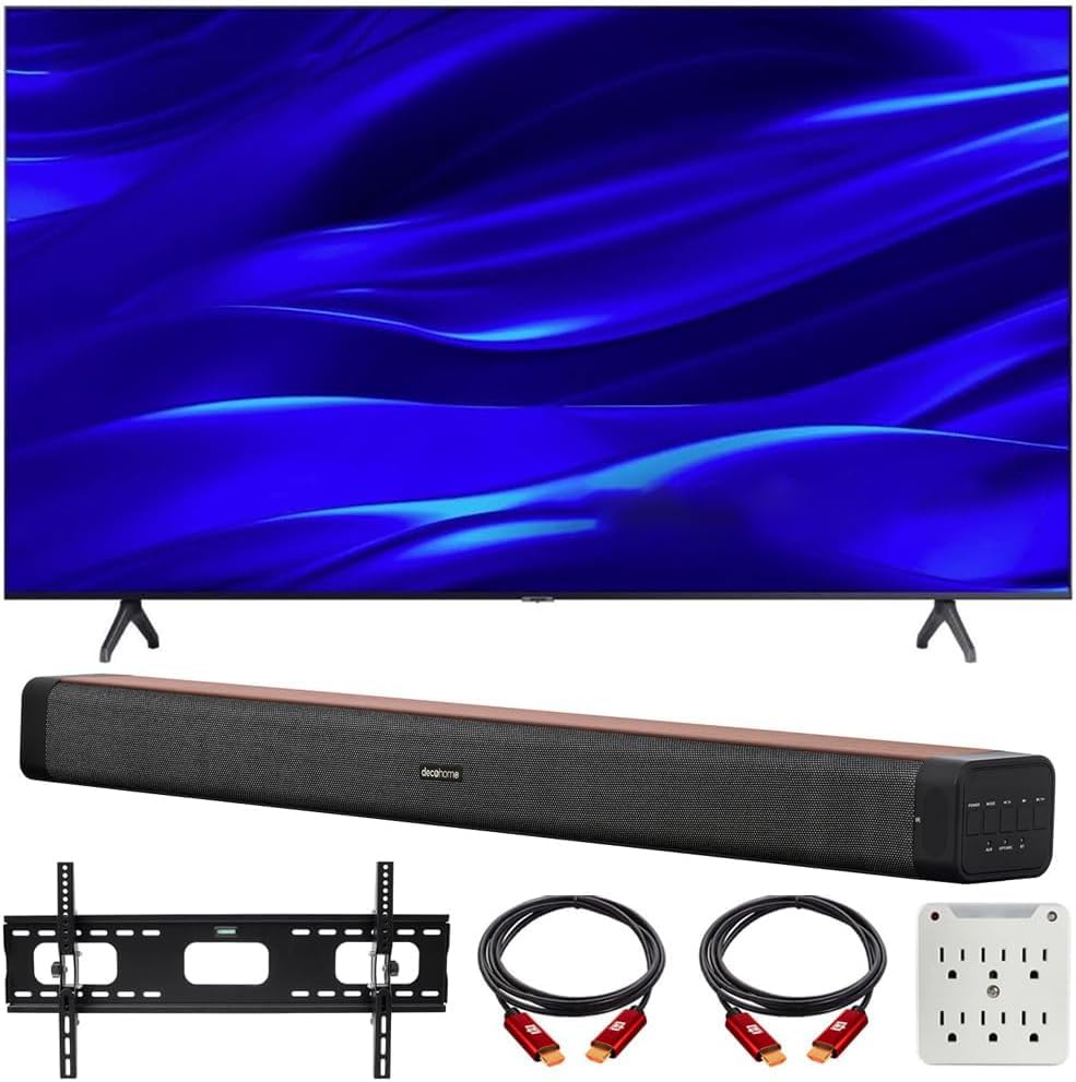 SAMSUNG 55" TU690T Crystal UHD 4K HDR Tizen Smart TV (2023) Bundle with Deco Gear 60W 2.0 Channel Soundbar, 37"-100" TV Wall Mount Bracket Bundle, 2X HDMI Cable and 6-Outlet Surge Adapter