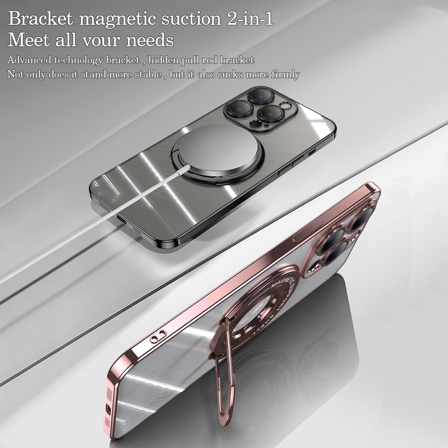 QLTYPRI Magnetic Clear Case for iPhone 13 Pro Max Case Compatible with MagSafe, Invisible Ring Holder Stand, Camera Lens Full Protection, Shockproof Phone Case Cover for iPhone 13 Pro Max – Rose Gold