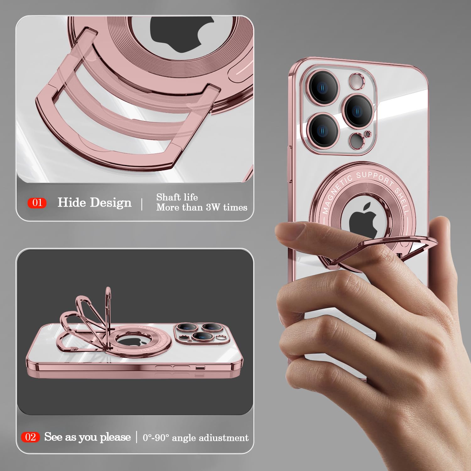 QLTYPRI Magnetic Clear Case for iPhone 13 Pro Max Case Compatible with MagSafe, Invisible Ring Holder Stand, Camera Lens Full Protection, Shockproof Phone Case Cover for iPhone 13 Pro Max – Rose Gold