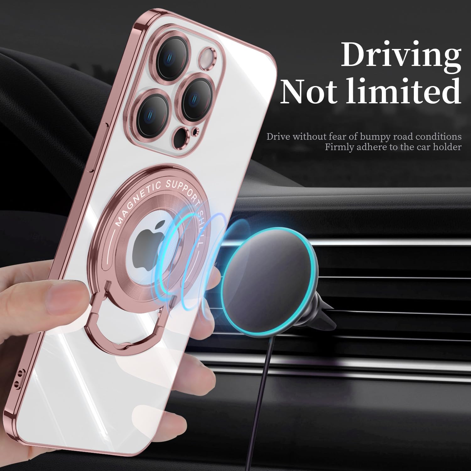 QLTYPRI Magnetic Clear Case for iPhone 13 Pro Max Case Compatible with MagSafe, Invisible Ring Holder Stand, Camera Lens Full Protection, Shockproof Phone Case Cover for iPhone 13 Pro Max – Rose Gold