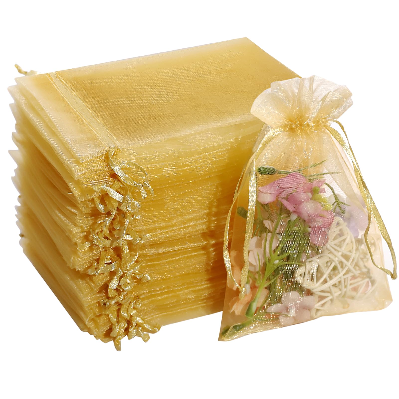Hopttreely 100pcs Gold Organza Gift Bags, 4 x 6 inch Satin Drawstring Candy Mesh Favor Bags Jewelry Pouches for Christmas Wedding Party