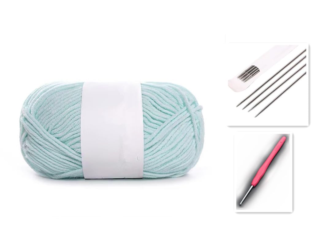 Combed Cotton Soft Wool Balls Acrylic Cotton Hand-Woven Cotton Yarn The Thread of a Sweater Each Ball Weighs 50 Grams 120 Meters Long and with Needle bar and Crochet (6 Balls Light Blue)