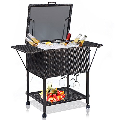 Casart Portable Rattan Cooler Cart, 108 Quart Outdoor Cooling Trolley for Patio & Pool Party, Ice Chest Portable Rolling Patio Cooler