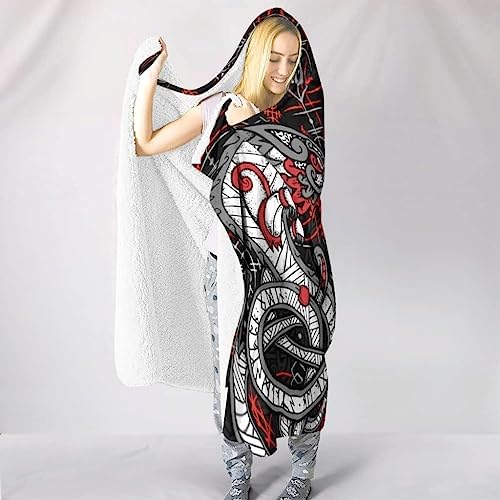 Viking 3D Printing Hooded Blanket Keeps Warm And Soft Vegvisir Viking Dragon Unisex Winter Wearable Hooded Blanket Double Layer Thick Plush Wool Blanket ( Color : Blanket , Size : 80x60in/150x200cm )