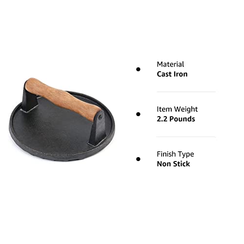 LotFancy Cast Iron Grill Press, 7 Inch, Smash Burger Press for Griddle, Round Bacon Meat Smasher, Wood Handle