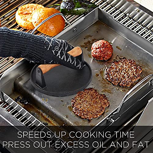 LotFancy Cast Iron Grill Press, 7 Inch, Smash Burger Press for Griddle, Round Bacon Meat Smasher, Wood Handle
