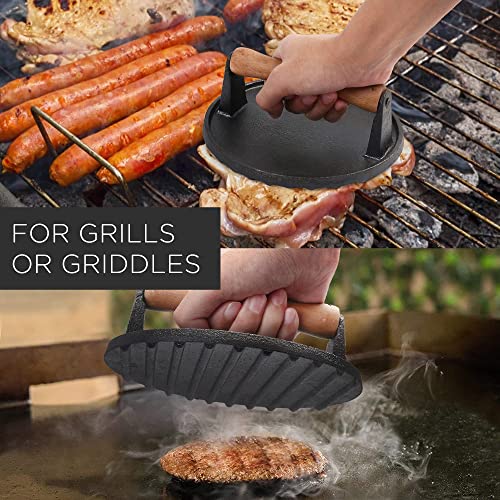 LotFancy Cast Iron Grill Press, 7 Inch, Smash Burger Press for Griddle, Round Bacon Meat Smasher, Wood Handle