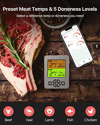 NEXMEE Bluetooth Grill Thermometer, Digital Wireless BBQ Meat Thermometer, Grill Thermometer with 2 Probes, Roast Thermometer with Magnet for Kitchen, Oven, Grill, Steak