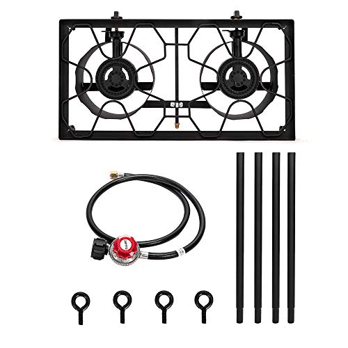 Outvita 2 Burner Propane Gas Stove for Outdoor Cooking, 150,000 BTU Camping Cooker with Removable Legs, Temperature Control Knobs for Backyard Cooking, BBQ, Baking and Frying