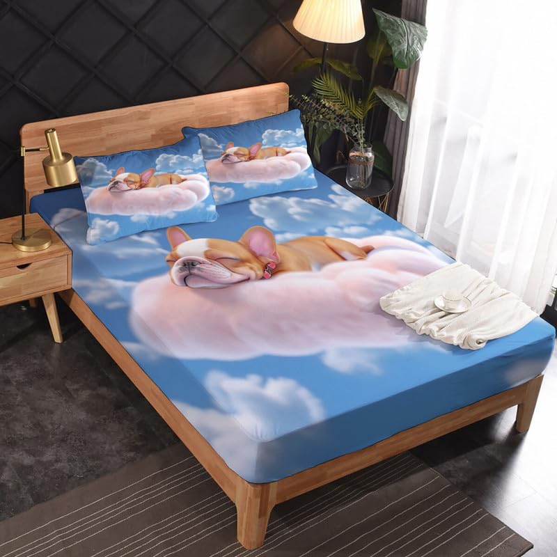 zcsm French Bulldog Sheets Full Size Sheet Sets - Cute Dog Puppy Bed Sheets, Soft Microfiber & Deep Pocket & Wrinkle Free Bedding Sheets & Pillowcases, 1 Fitted Sheet, 1 Flat Sheet, 2 Pillow Cases
