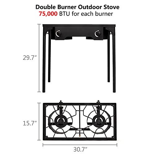 Outvita 2 Burner Propane Gas Stove for Outdoor Cooking, 150,000 BTU Camping Cooker with Removable Legs, Temperature Control Knobs for Backyard Cooking, BBQ, Baking and Frying