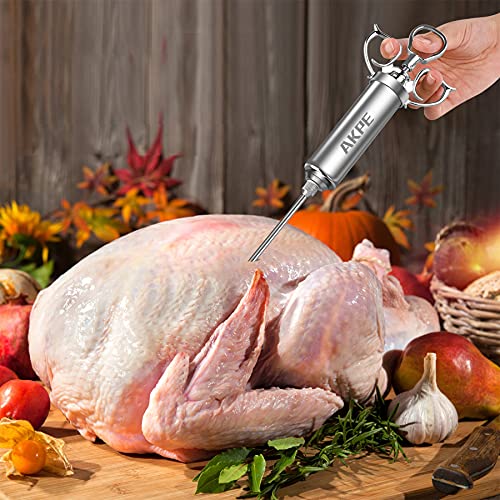 AKPE Meat Injector, Stainless Steel Marinade injector Syringe for BBQ Grill and Turkey, 2 Ounce Syringe with 3 Needles, Easy to Use and Clean (Without Case)