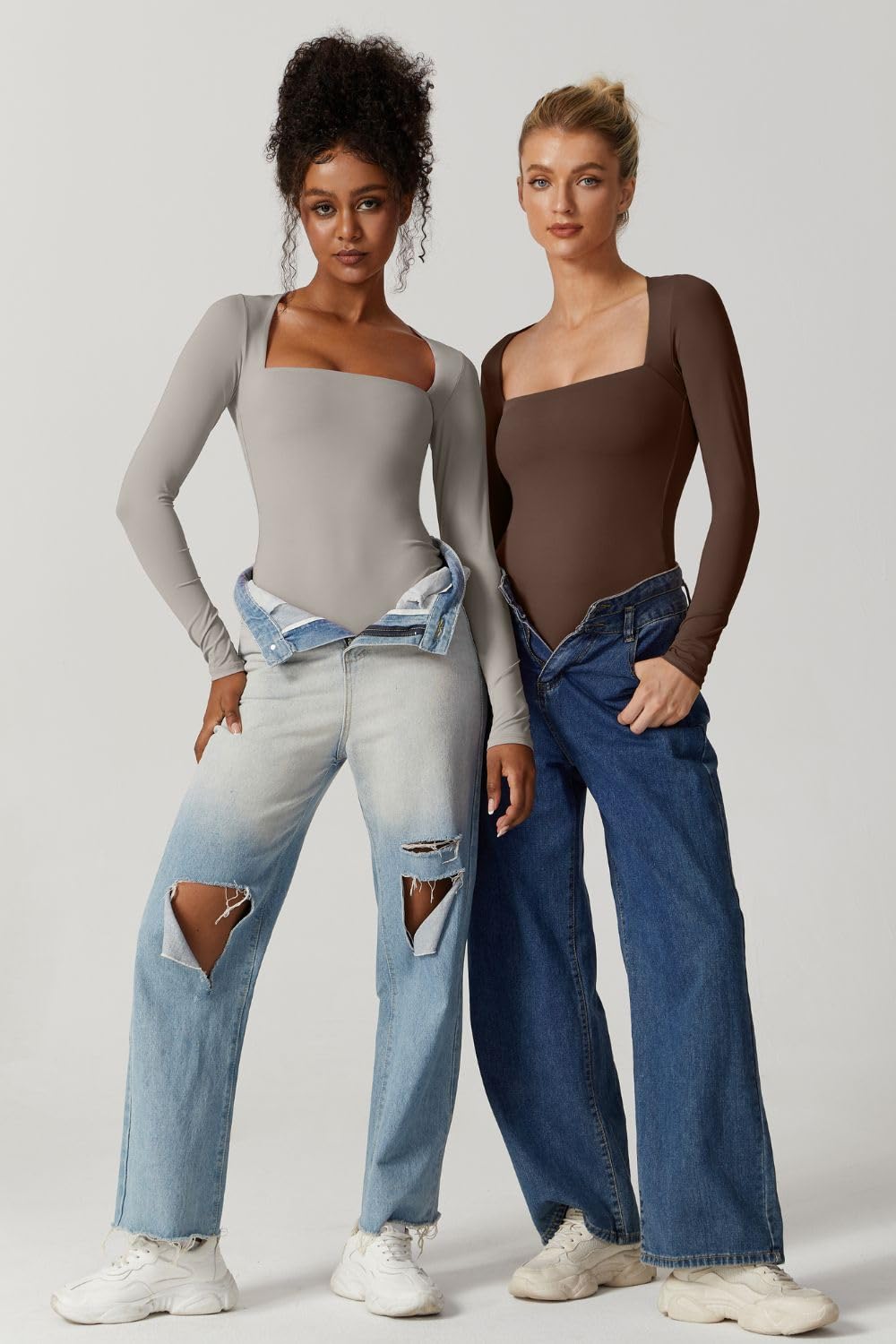 QINSEN Women's Sexy Square Neck Bodysuit Long Sleeve Double Shirt Tops Light Quiet Gray S
