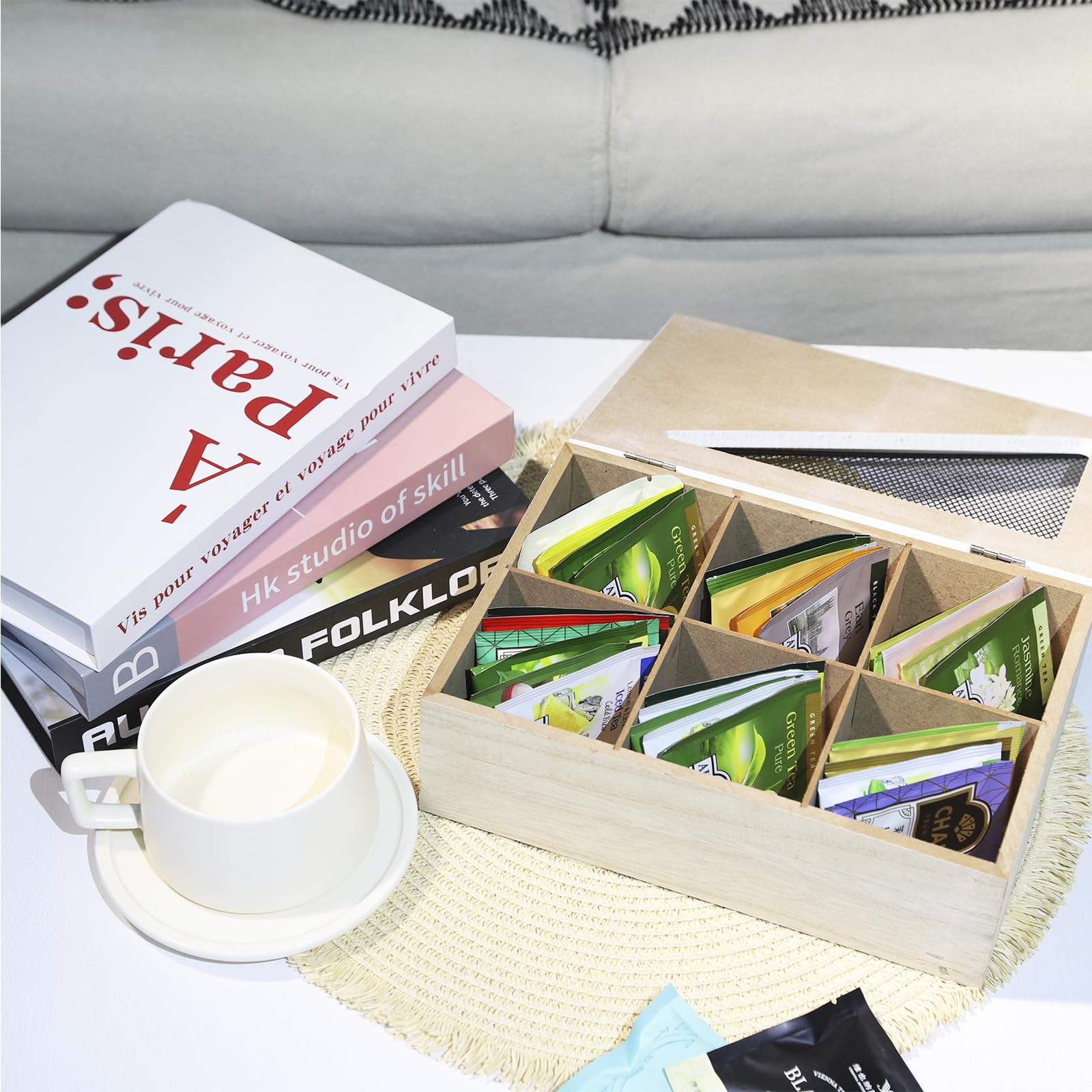 Wooden Tea Bag Organizer,Tea Organizer for Tea Bags,6 Compartments Tea Box Organizer,Tea Bag Holder Organizer,Tea Storage Box for Office Kitchen Cabinet