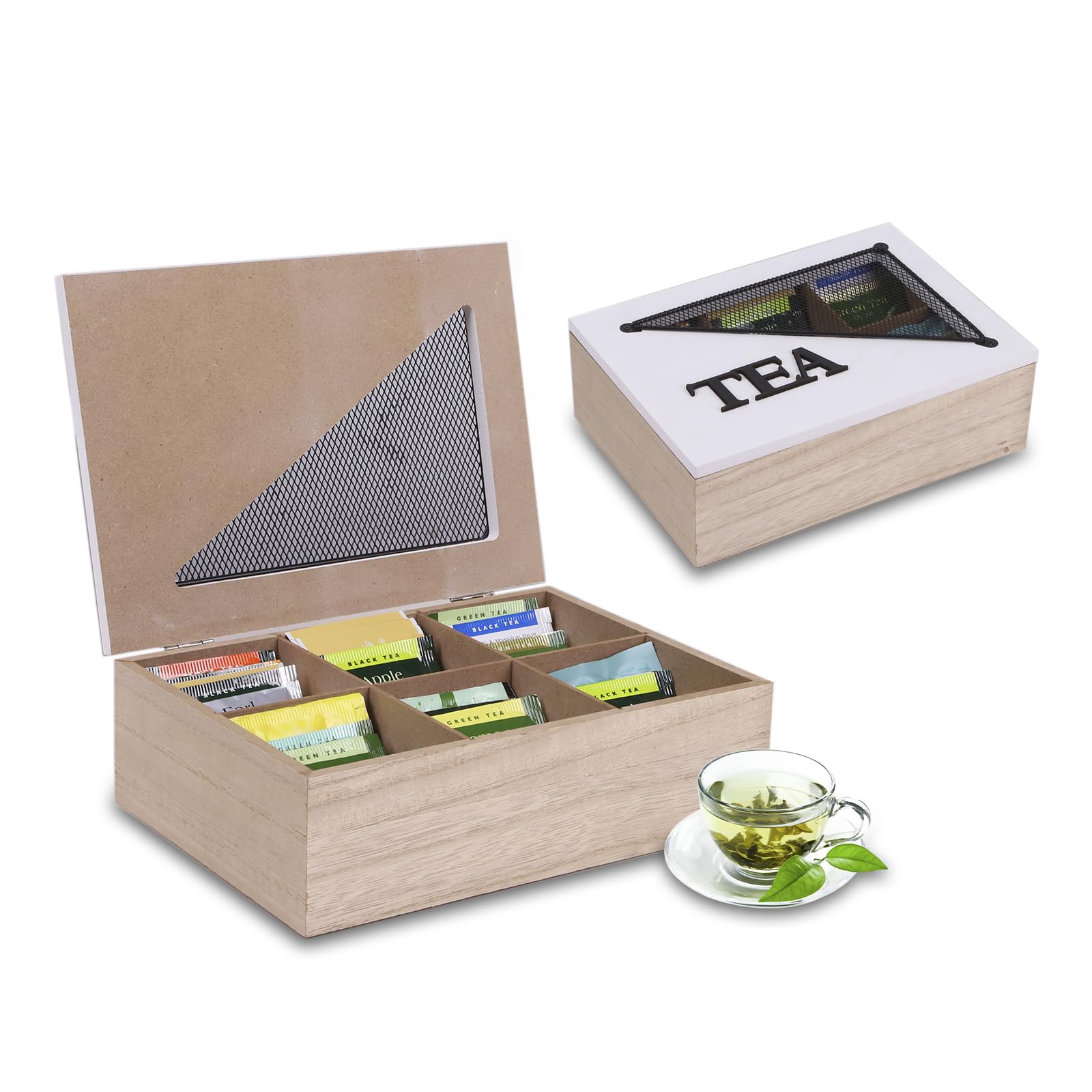 Wooden Tea Bag Organizer,Tea Organizer for Tea Bags,6 Compartments Tea Box Organizer,Tea Bag Holder Organizer,Tea Storage Box for Office Kitchen Cabinet