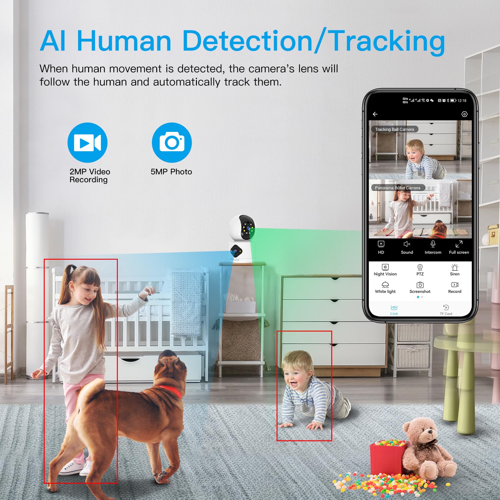 VSTARCAM Dual Lens Indoor Security Camera,5MP Pan Tilt Zoom WiFi Camera,Camera for Baby/Pet/Home with Color Night Vision,2-Way Audio,Human Auto Tracking,Indoor Camera Wireless with Phone App