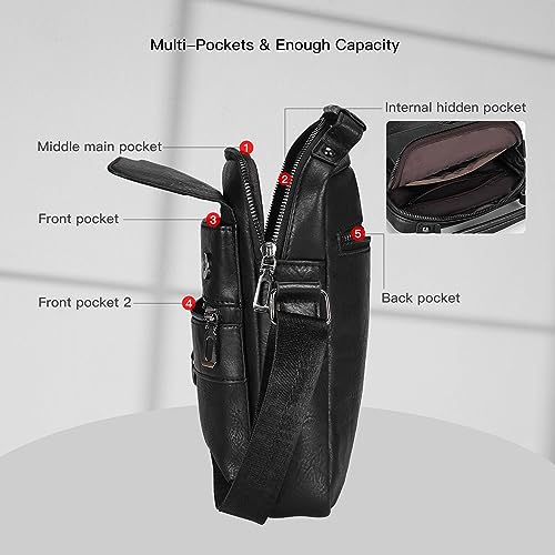 Small Messenger Bag for Men, Side Crossbody Shoulder Bag for Men Women Strap Sling PU Leather Messenger Bag for Hiking Walking Biking Travel Cycling, Black